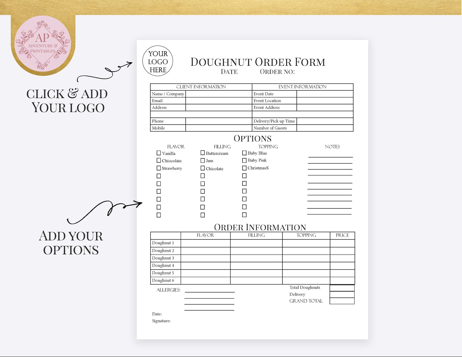 Doughnut Order Form,editable Doughnut Form, Bakery Forms, Baking ...