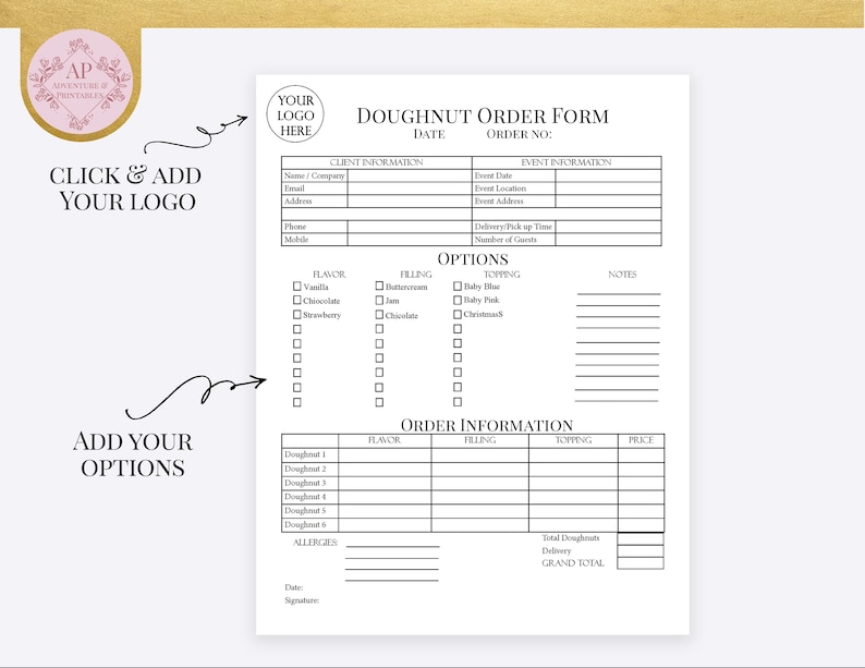 Doughnut Order Form,editable Doughnut Form, Bakery Forms, Baking ...