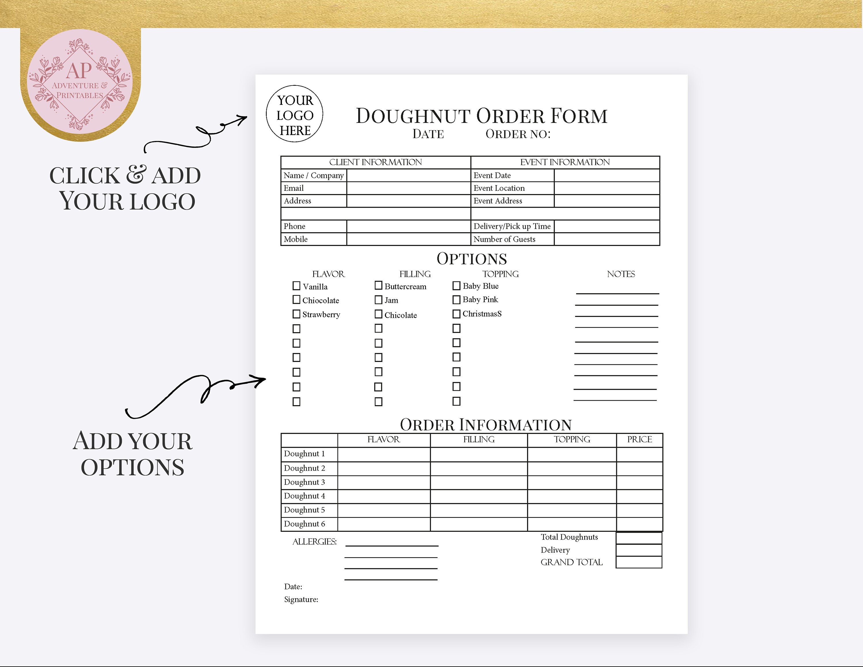 Doughnut Order Form,editable Doughnut Form, Bakery Forms, Baking ...