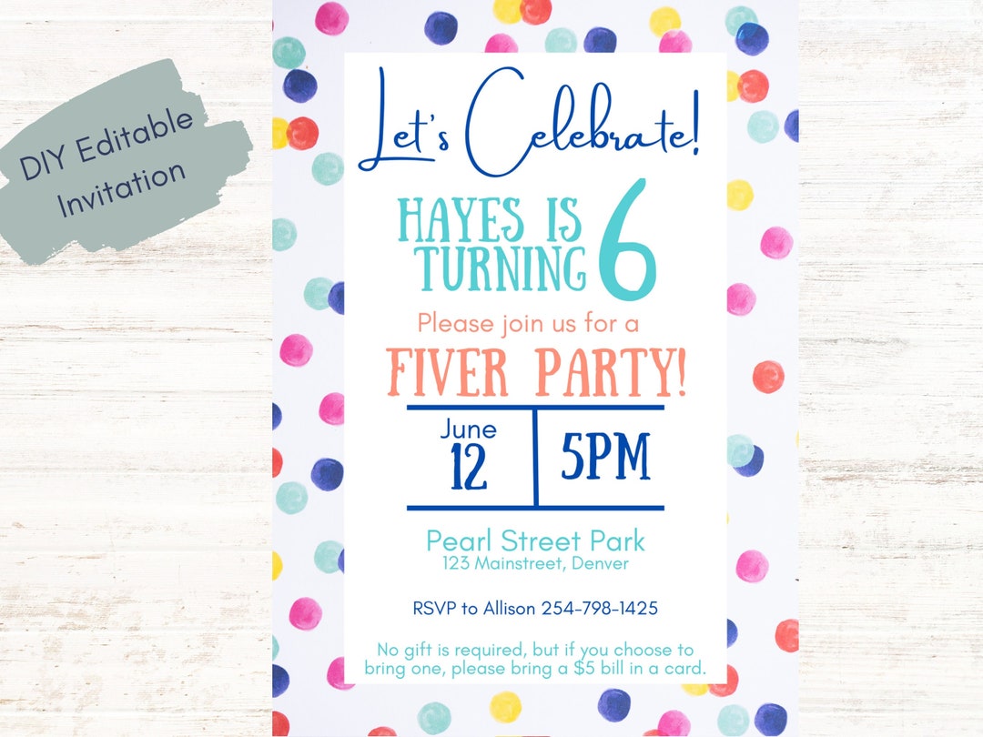 Fiver Party Invitation DIY Editable Digital Template Only - Etsy