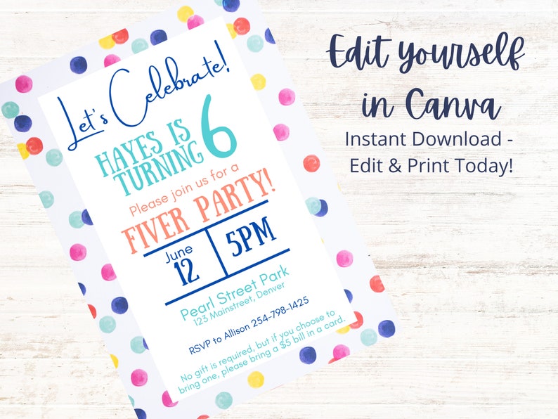 Fiver Party Invitation DIY Editable Digital Template Only - Etsy