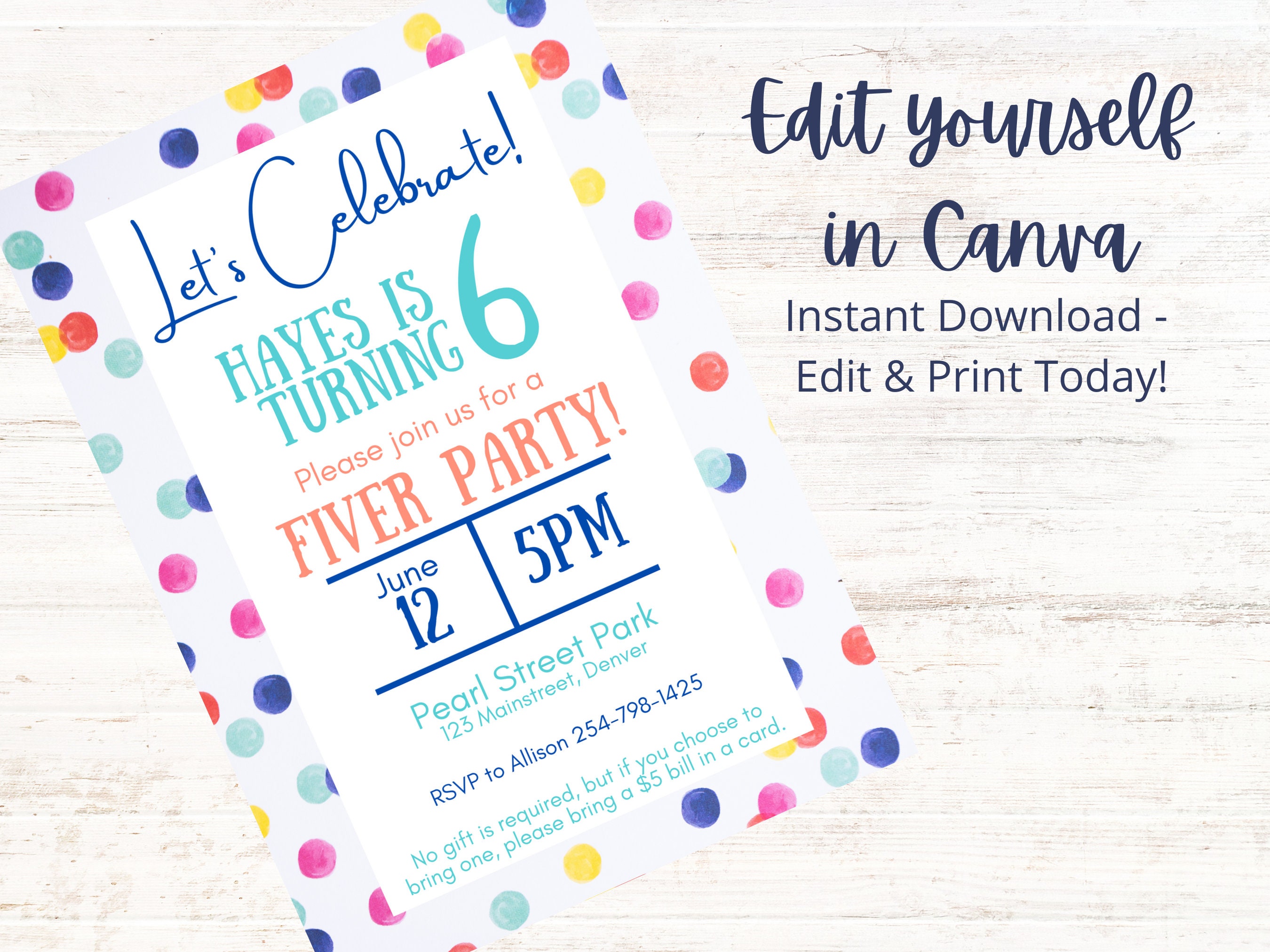 Fiver Party Invitation DIY Editable Digital Template Only - Etsy