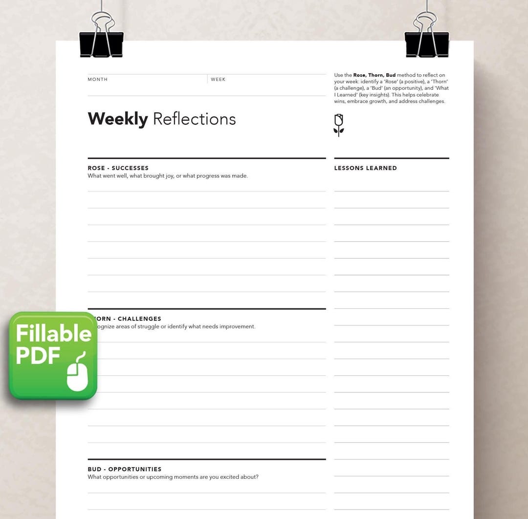 Rose Thorn Bud Weekly Reflection Planner, Self-discovery Journal for ...
