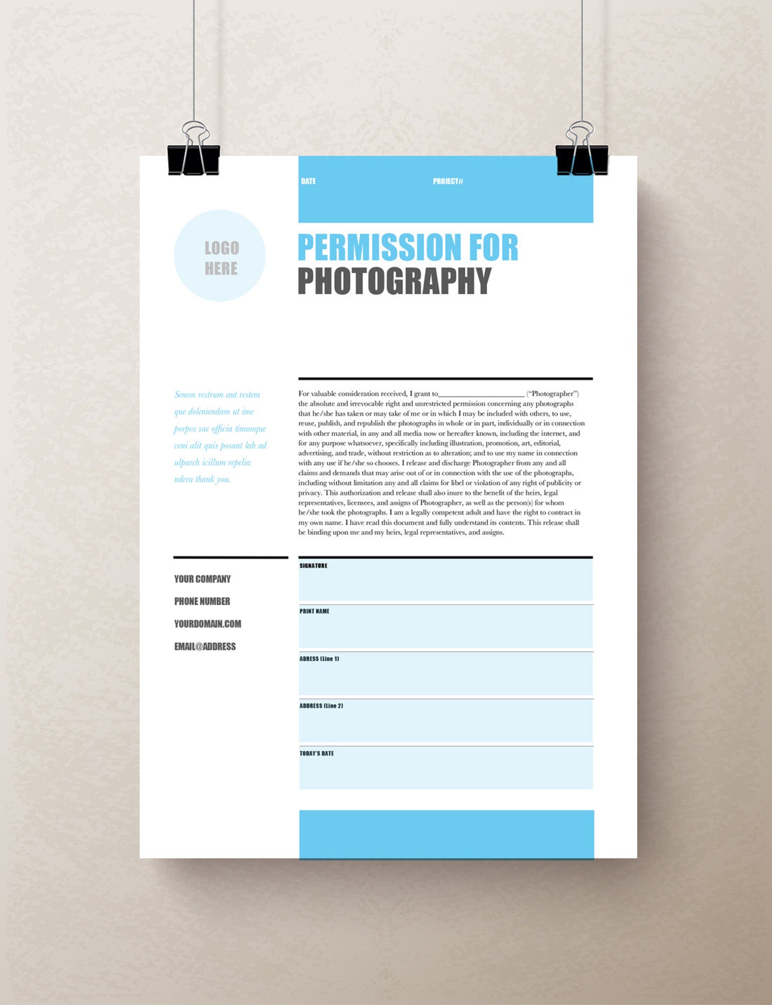 Printable Photography Contract, Model Release, Permission Form, Photo ...