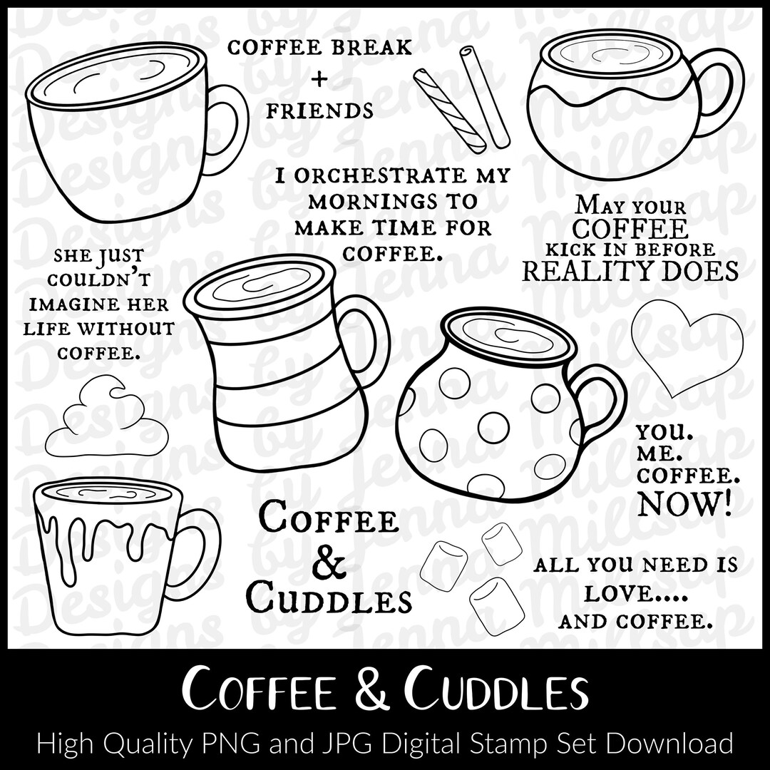 Coffee & Cuddles Digital Stamp Set - JPG, PNG DOWNLOAD - 10 Clipart ...