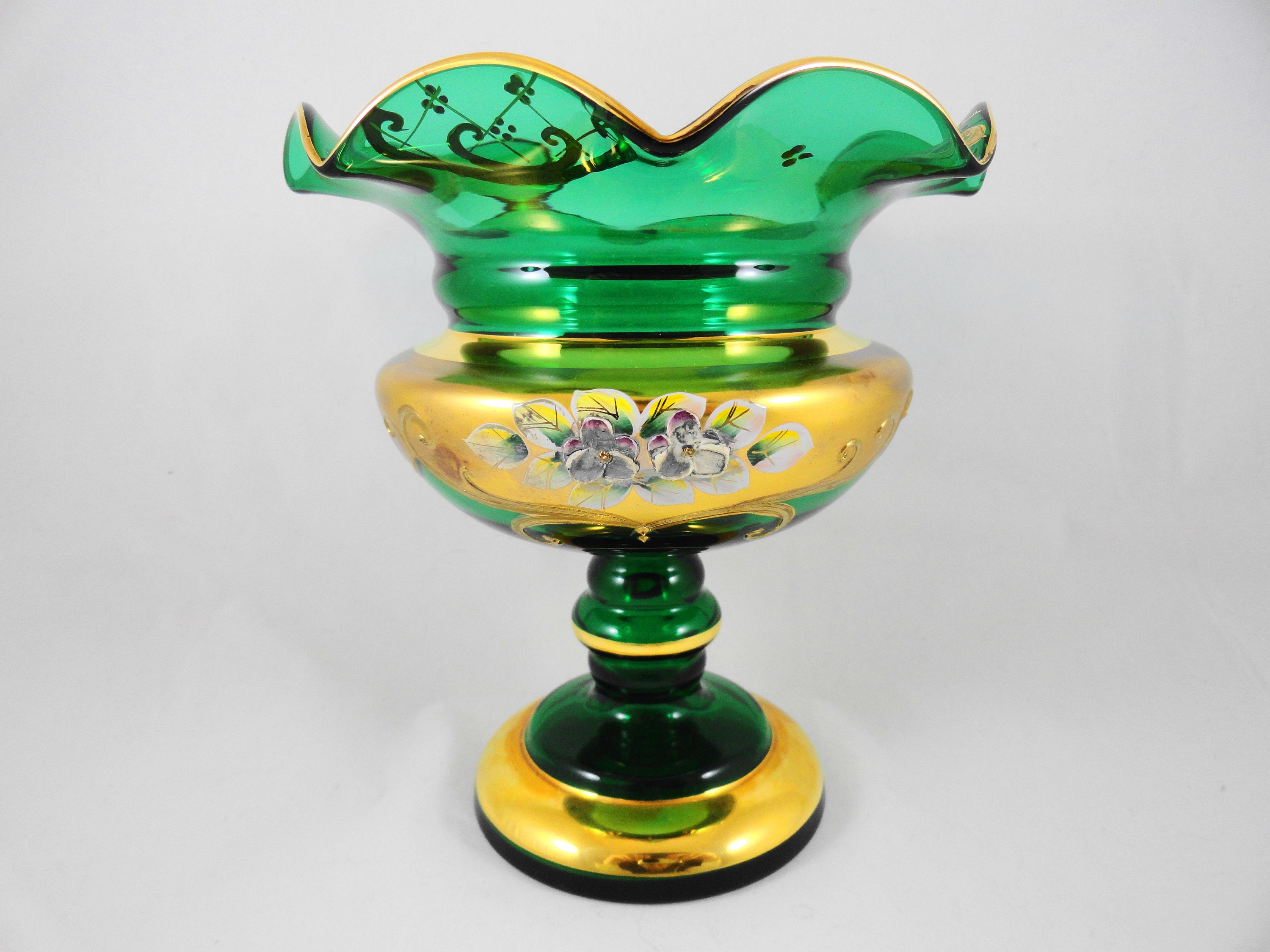 Exquisite vintage Czech Art glass stemmed candy dish Emerald | Etsy