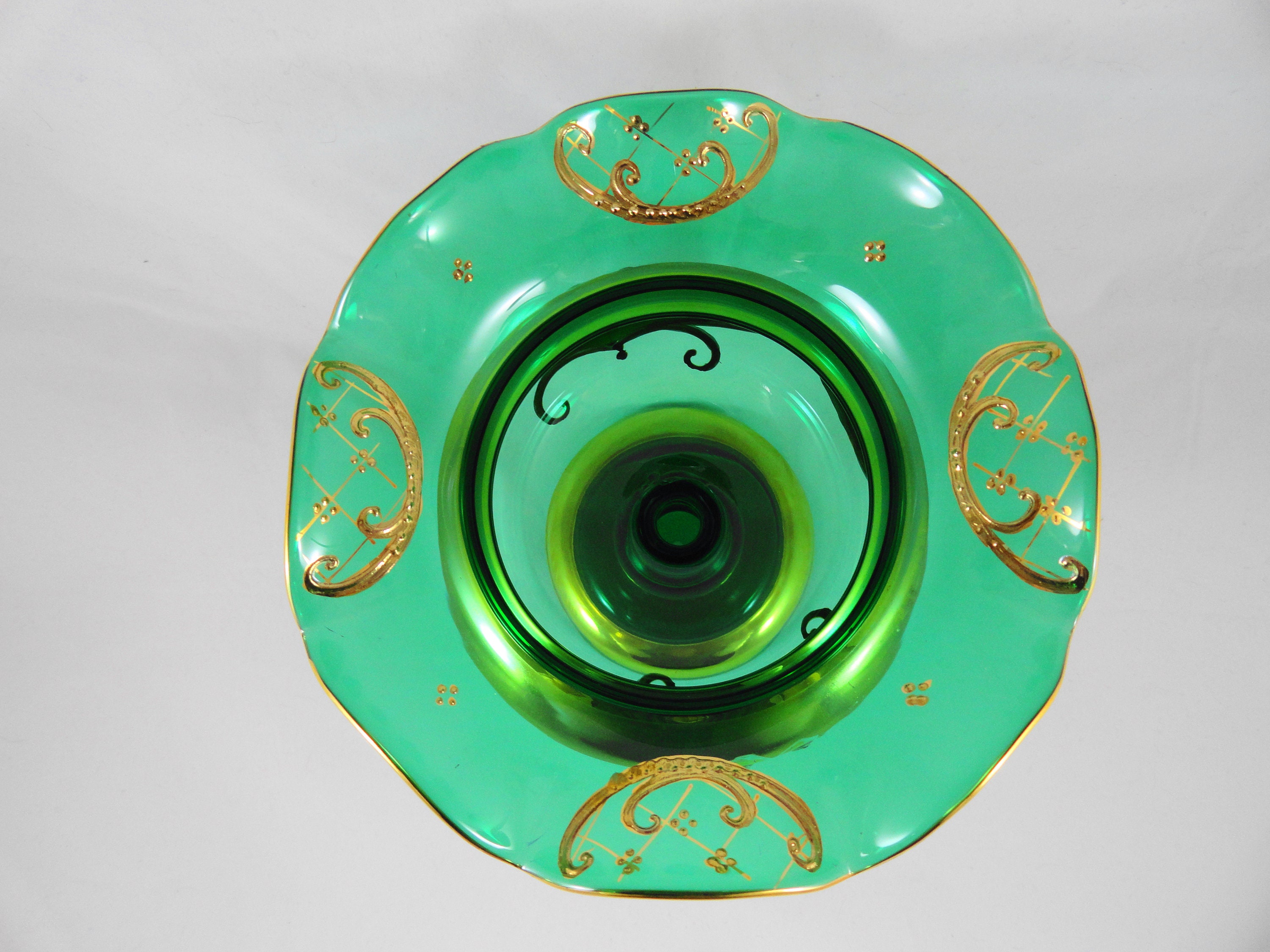 Exquisite Vintage Czech Art Glass Stemmed Candy Dish Emerald Etsy