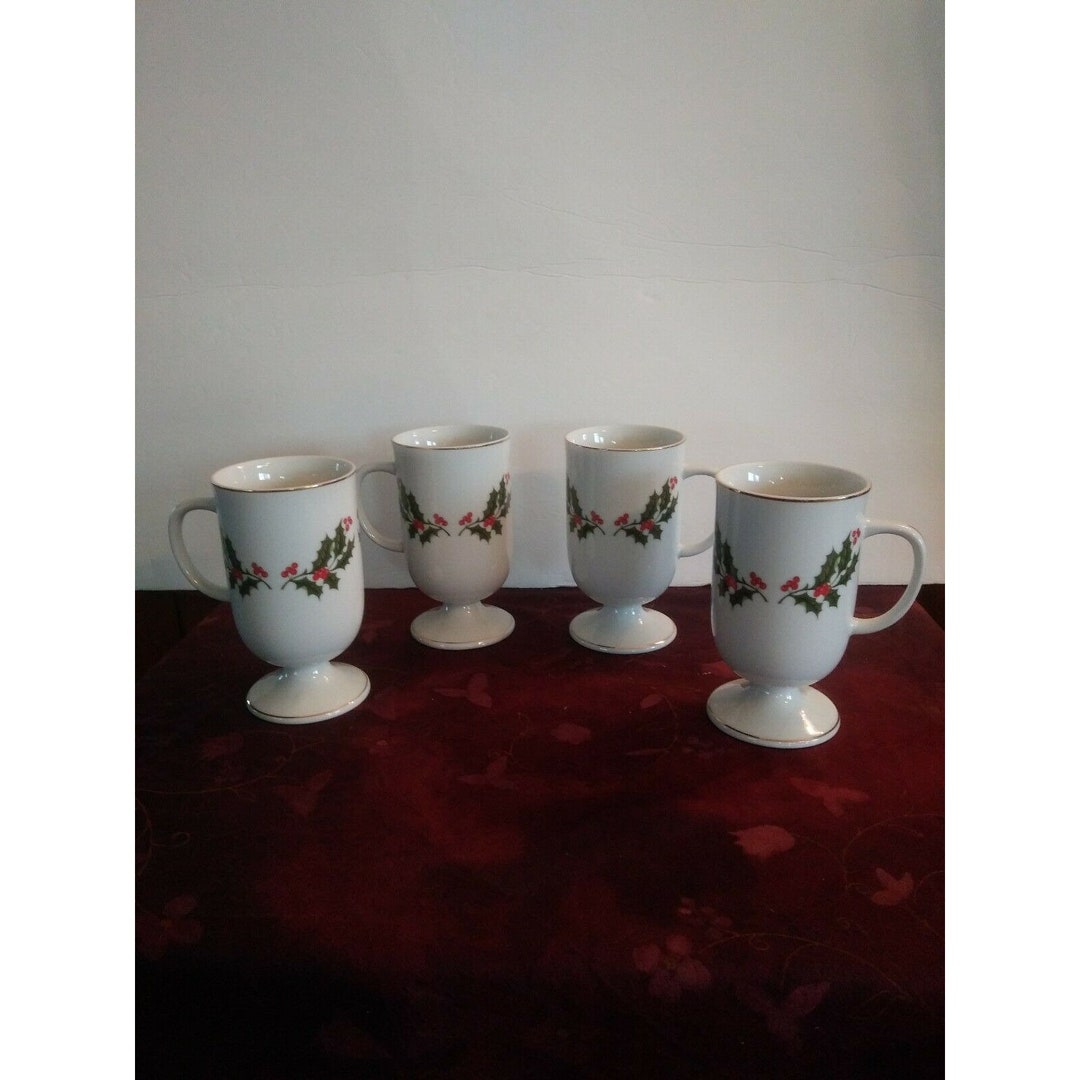 Kashima Christmas Holly Fine Porcelain Japan Set 4 Footed Cups Mugs ...