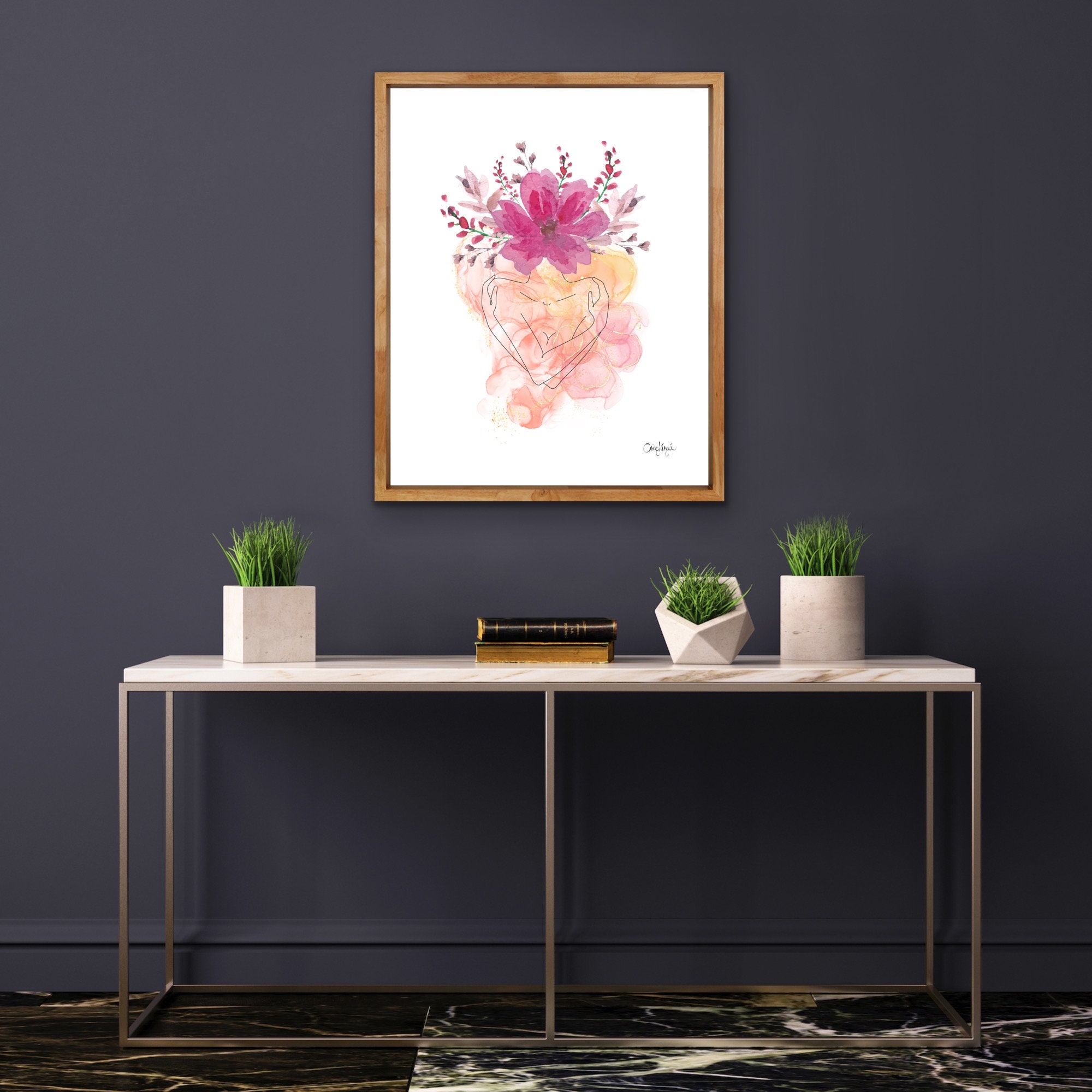 Pink Floral Female Form Line Art, Rose Watercolor, Phone Background ...