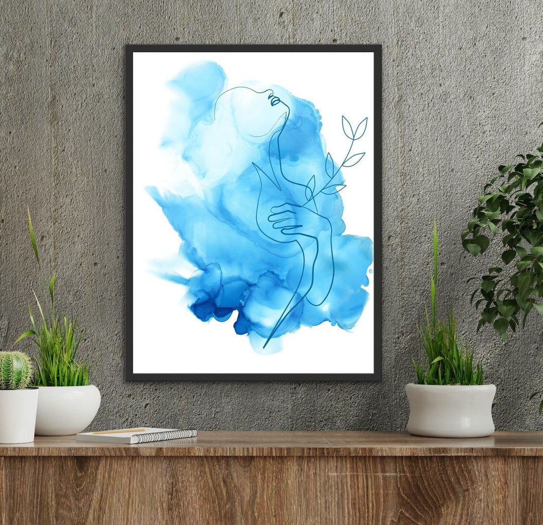 Blue Watercolor Line Drawing, Printable Art, Phone Background, Boho Art ...