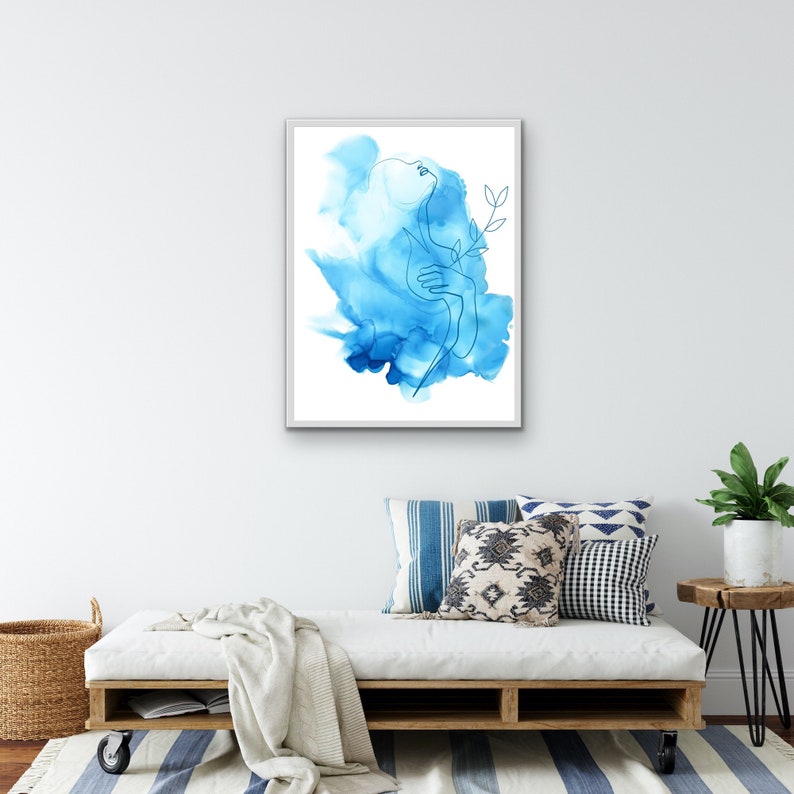 Blue Watercolor Line Drawing, Printable Art, Phone Background, Boho Art ...