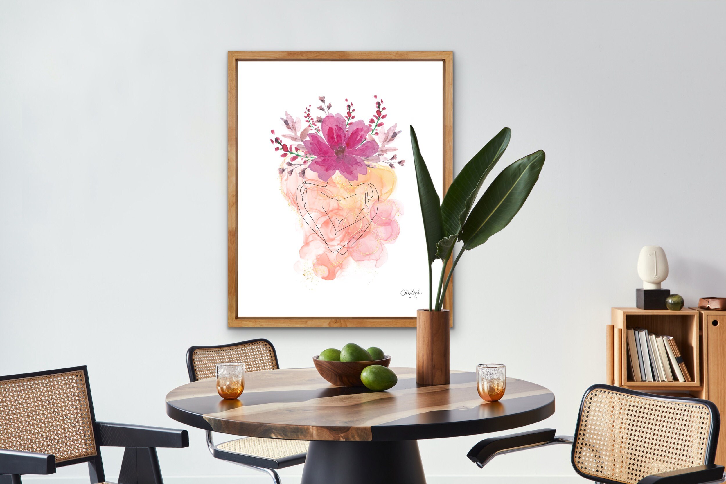 Pink Floral Female Form Line Art, Rose Watercolor, Phone Background ...