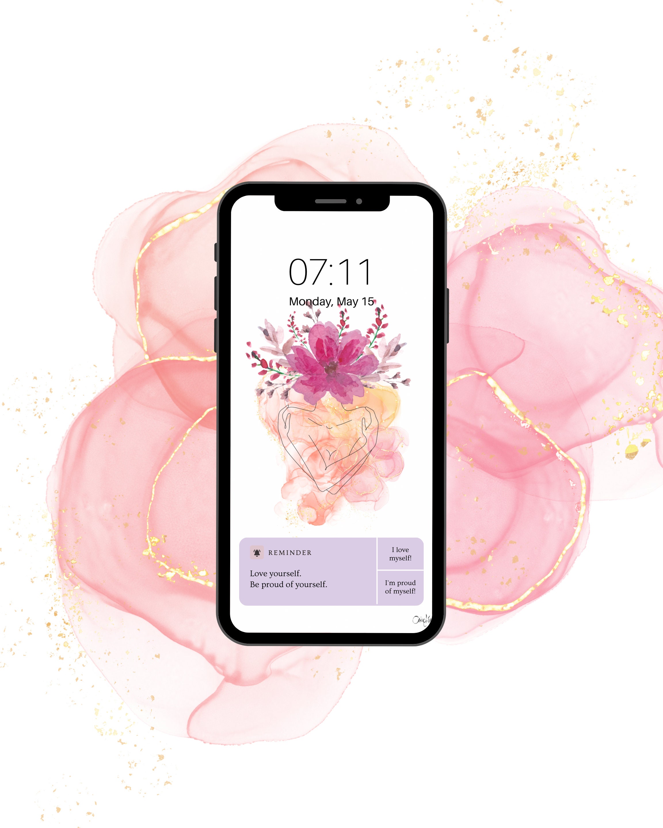 Pink Floral Female Form Line Art, Rose Watercolor, Phone Background ...