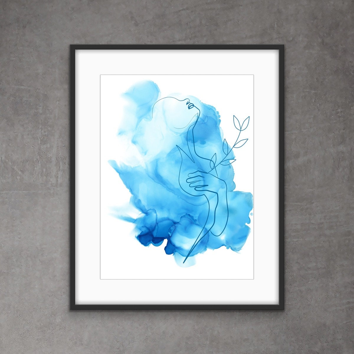 Blue Watercolor Line Drawing, Printable Art, Phone Background, Boho Art ...