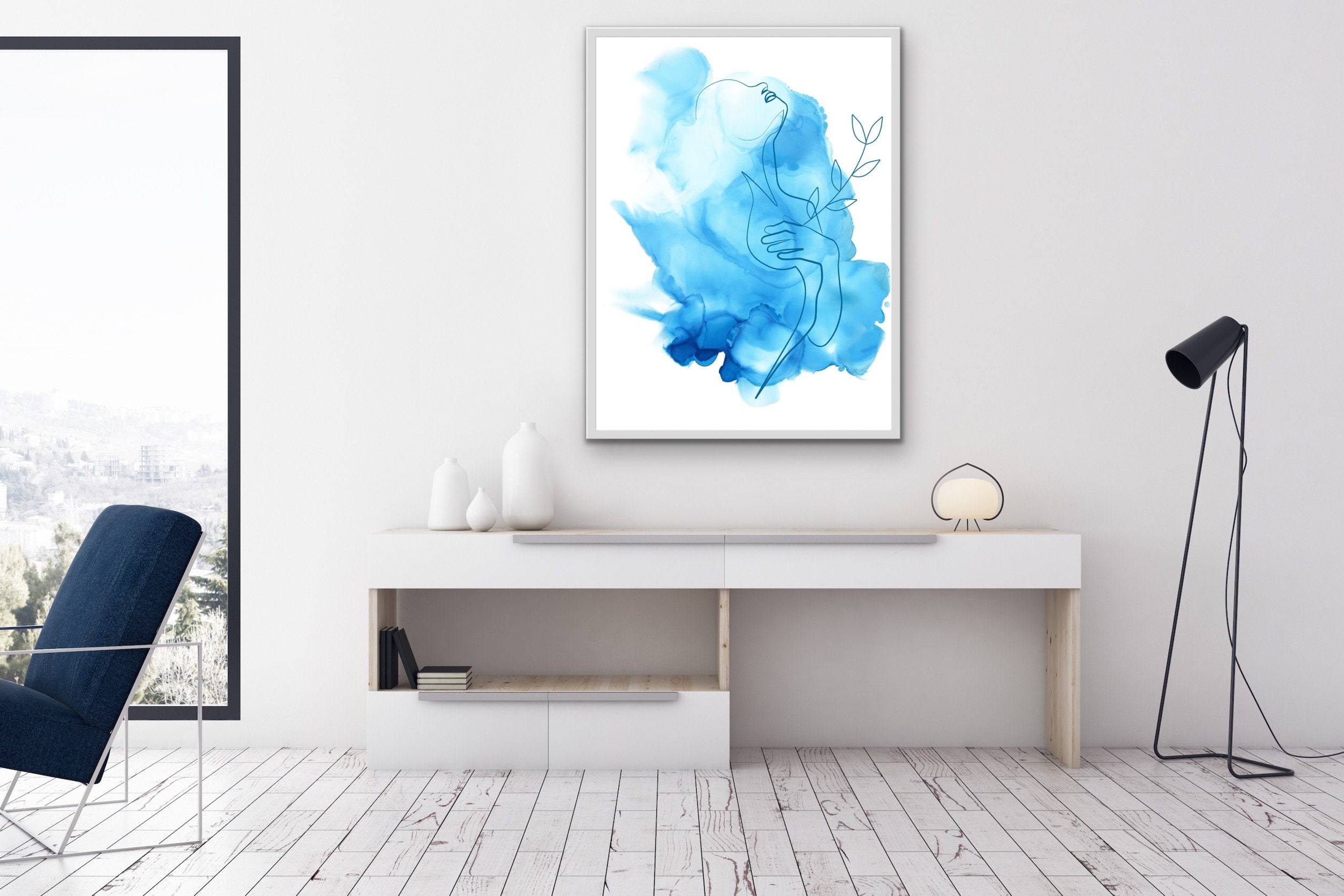 Blue Watercolor Line Drawing, Printable Art, Phone Background, Boho Art ...