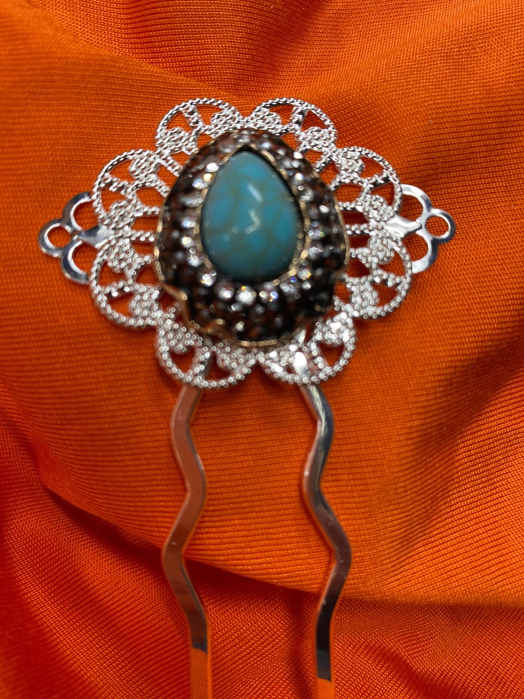 Silver Hair Comb Turquoise Color Jeweled Hair Fork Wedding Hair ...