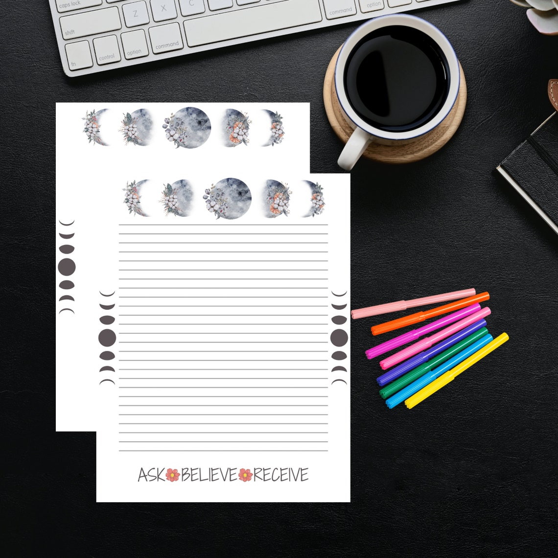 Floral Moon Phase Printable Stationary Paper Ask Believe - Etsy