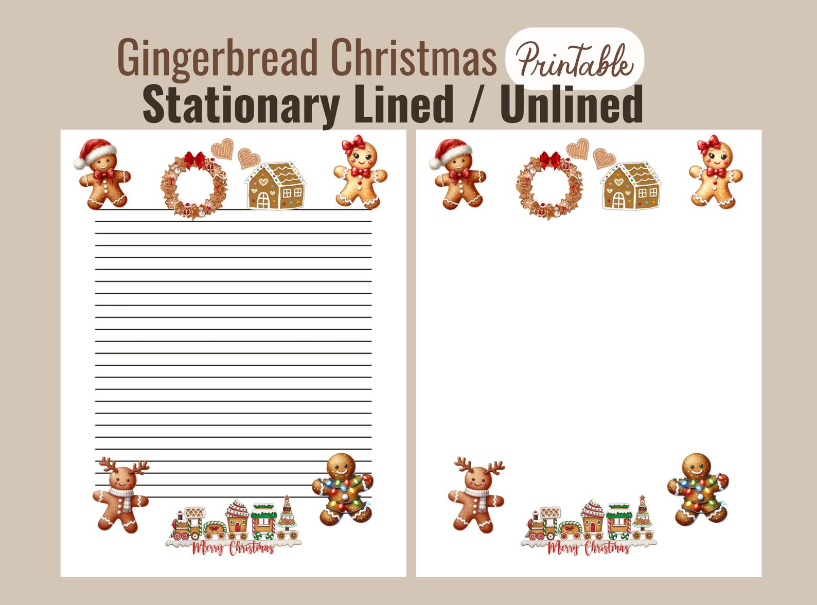 Gingerbread Christmas Printable, Stationary or Journal Paper, Lined and ...