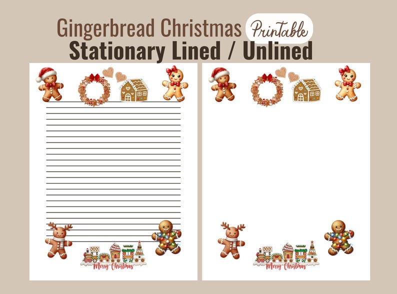Gingerbread Christmas Printable, Stationary or Journal Paper, Lined and ...
