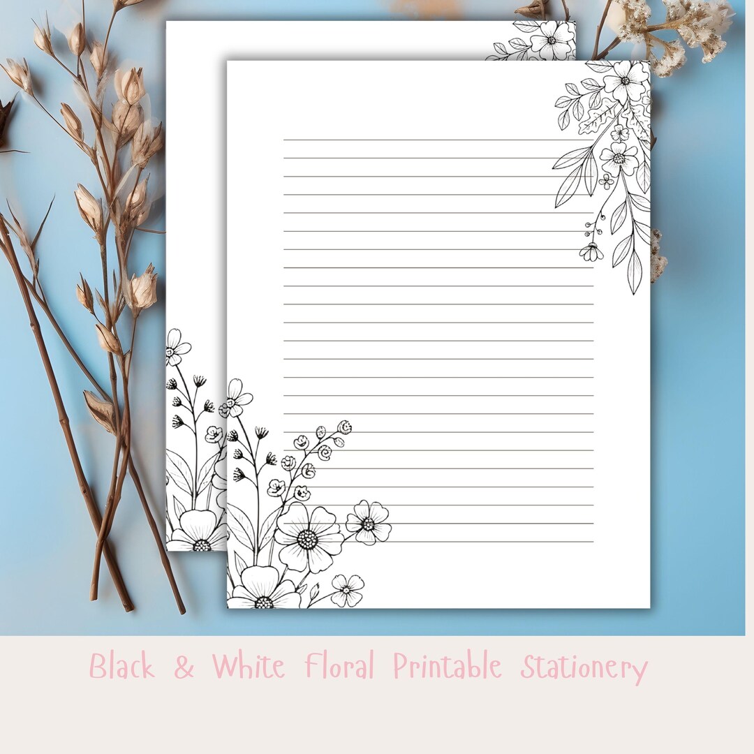 Black and White Floral Printable Stationery | Lined and Unlined Journal ...