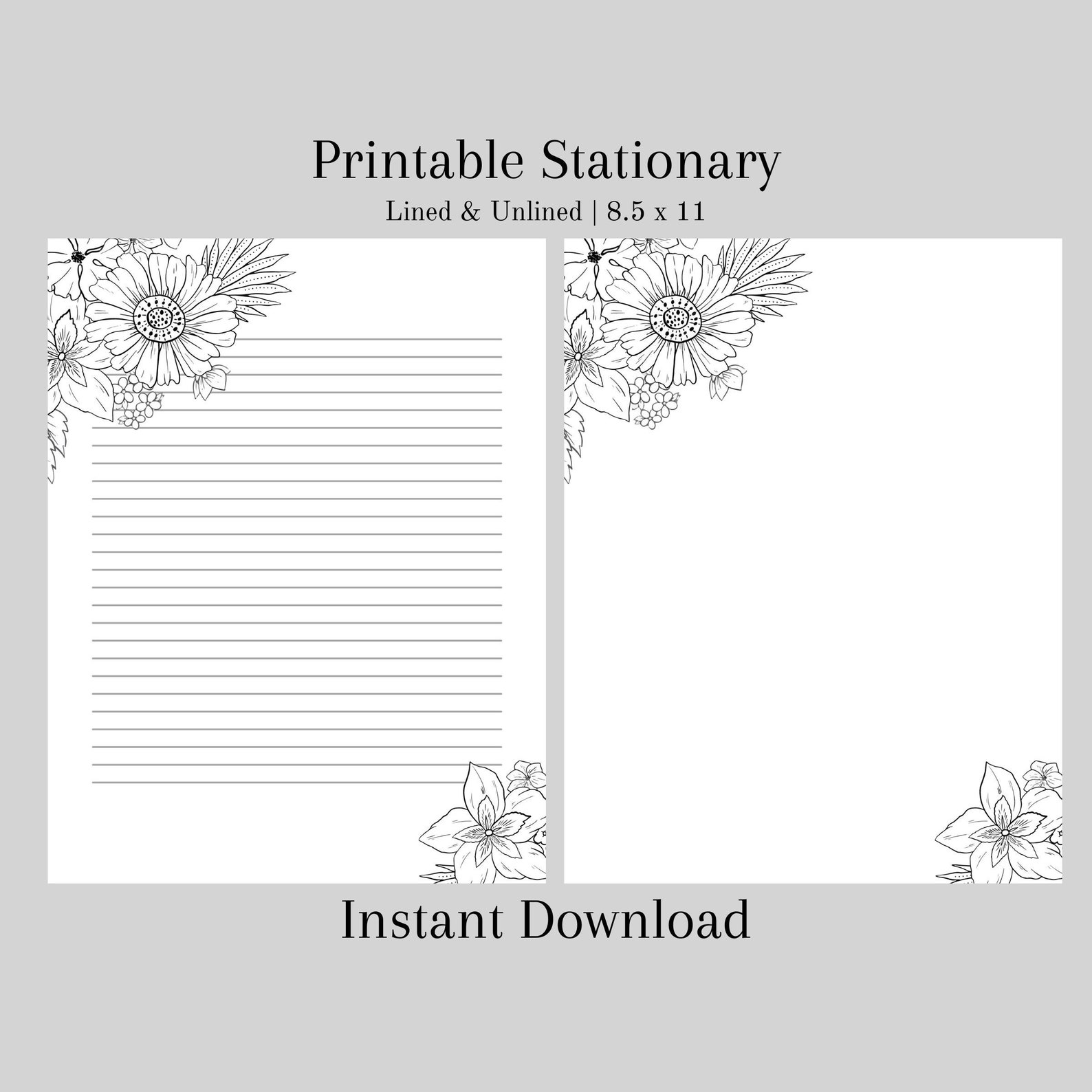 Coloring Stationery, Floral Journal Paper, Lined and Unlined, Instant ...