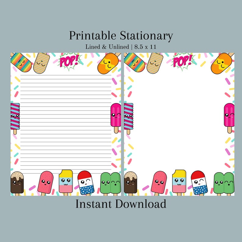 Kawaii Popsicle Stationery , Journal Paper, Lined and Unlined. Instant ...