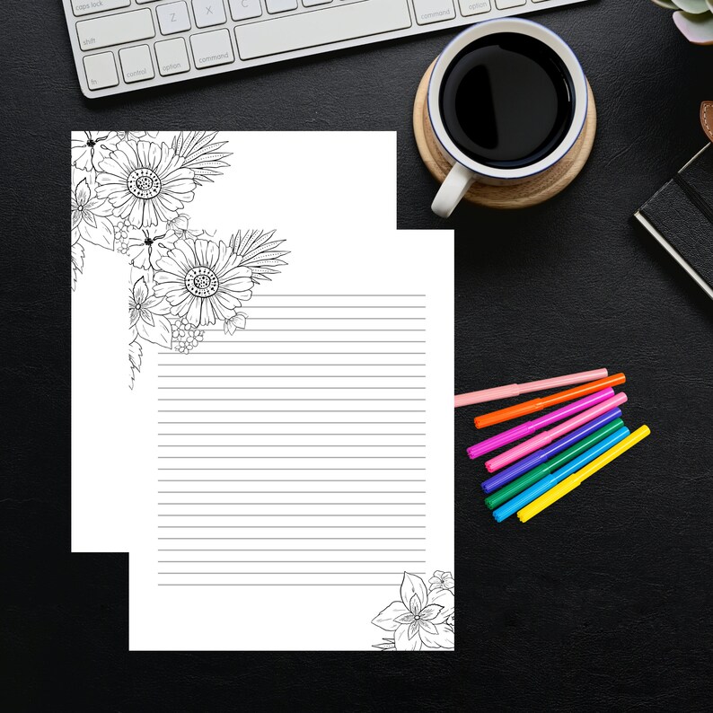 Coloring Stationery, Floral Journal Paper, Lined and Unlined, Instant ...
