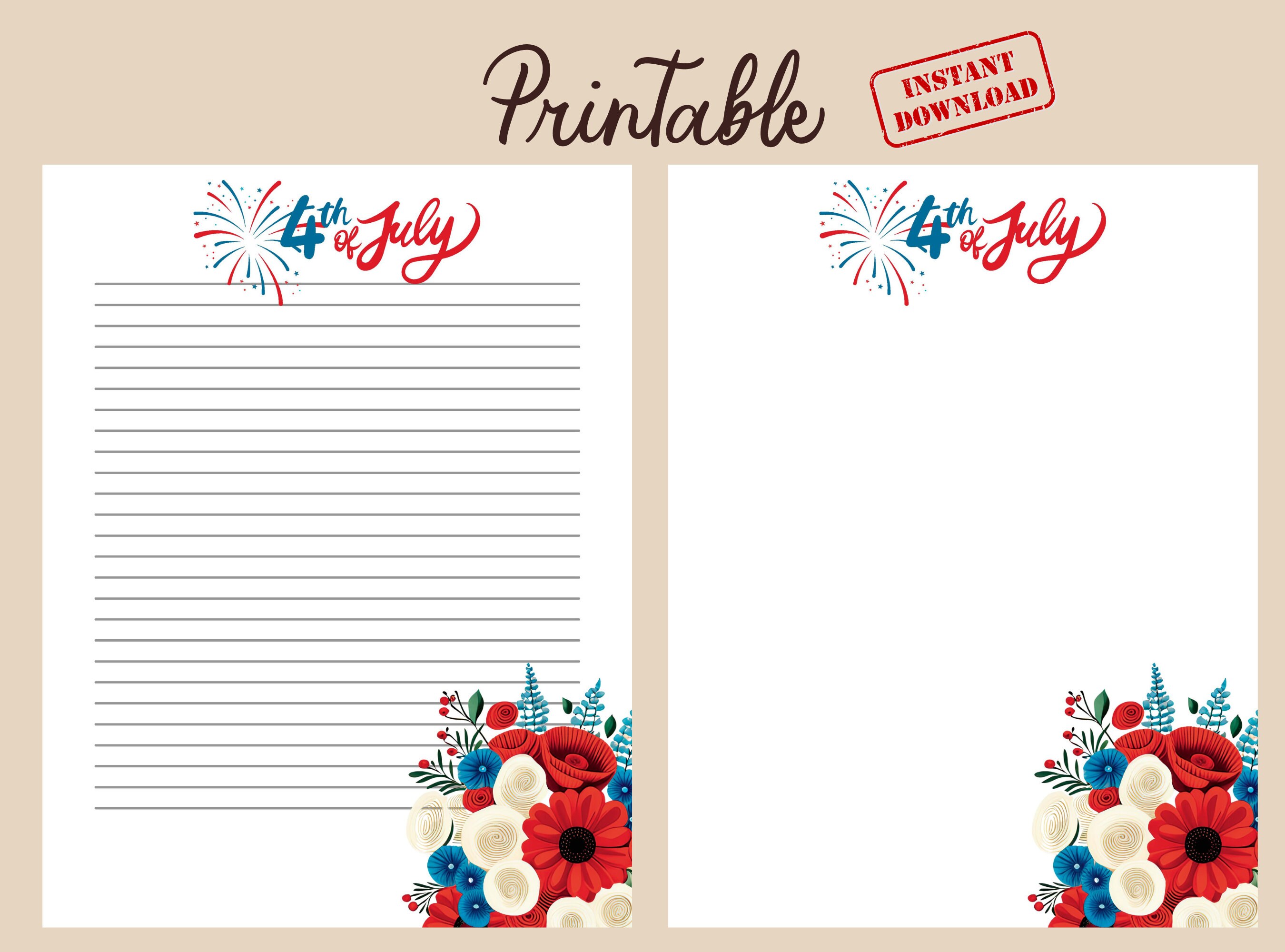 4th of July Printable Stationery, Journal Paper, Lined and Unlined ...