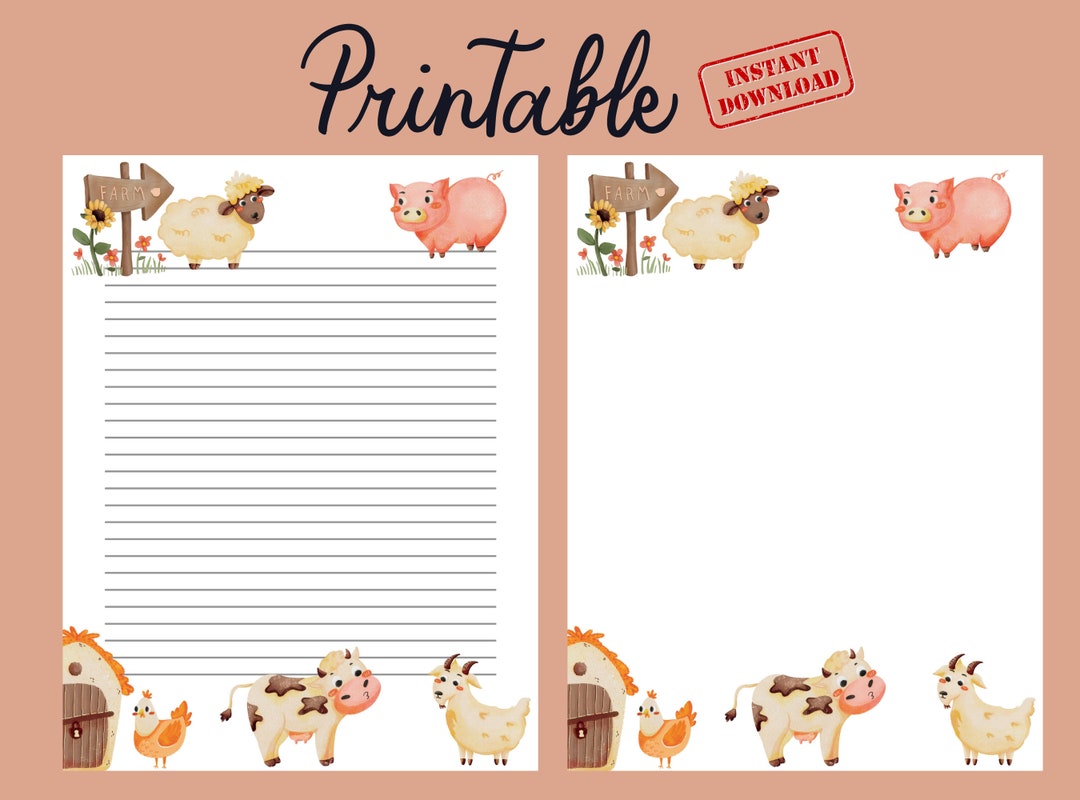 Farm Animal Printable Stationery, Journal Paper, Instant Download, PDF ...