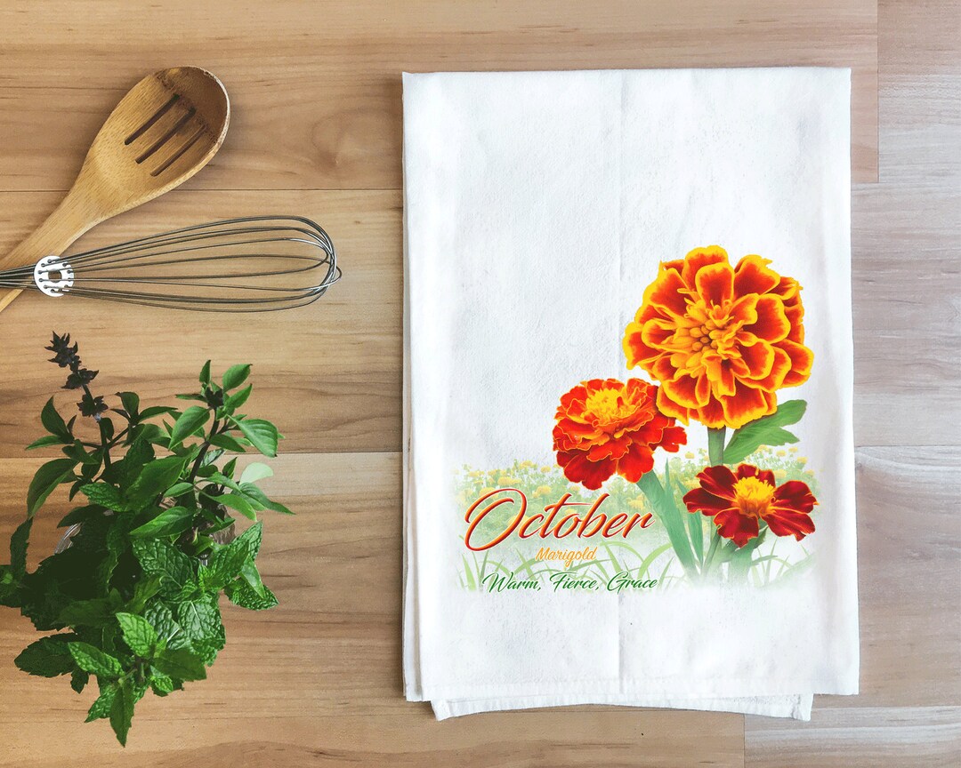 October Marigold Birth Flower Tea Towel | Flour Sack Towel | October ...