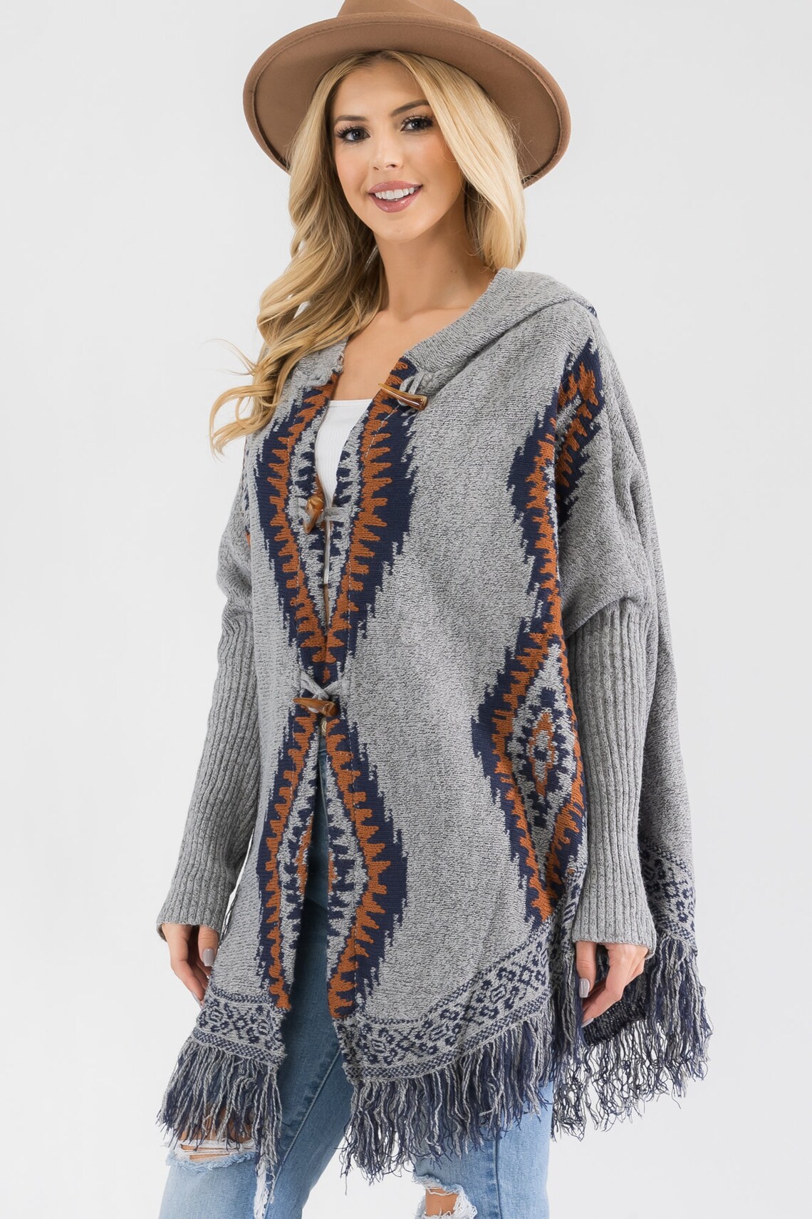 Aztec Pattern Hooded Sweater Fringe Hem Blanket Cardigan - Etsy