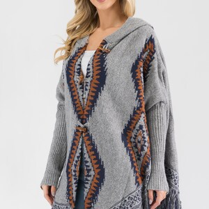 Aztec Pattern Hooded Sweater Fringe Hem Blanket Cardigan Western ...