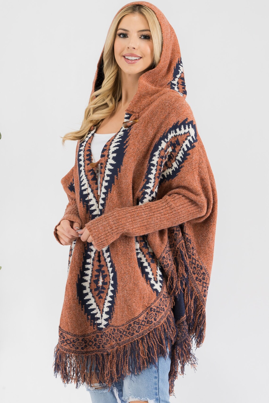 Aztec Pattern Hooded Sweater Fringe Hem Blanket Cardigan - Etsy