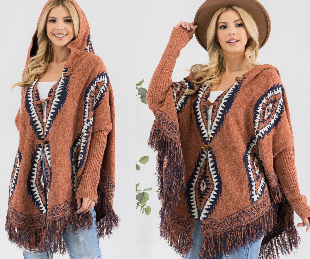 Aztec Pattern Hooded Sweater Fringe Hem Blanket Cardigan Western ...