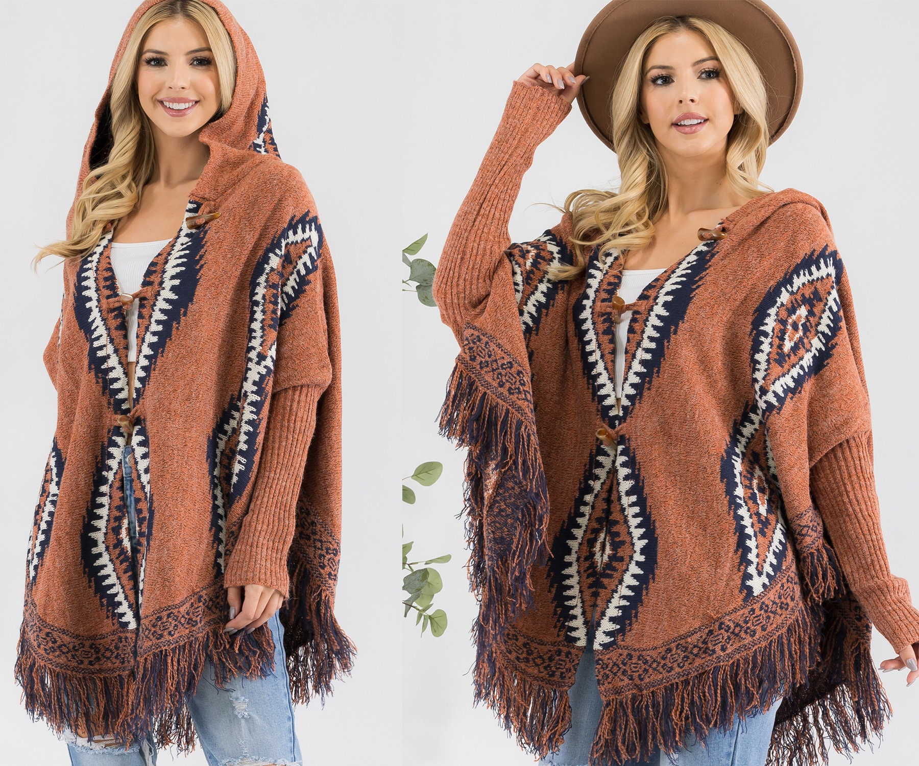 Aztec Pattern Hooded Sweater Fringe Hem Blanket Cardigan - Etsy