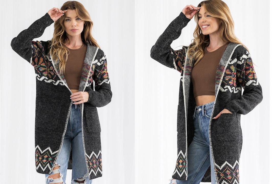 Aztec Print Long Cardigan Hooded Sweater Top Boho Blanket Western ...