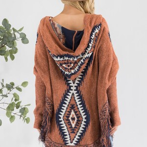 Aztec Pattern Hooded Sweater Fringe Hem Blanket Cardigan Western ...