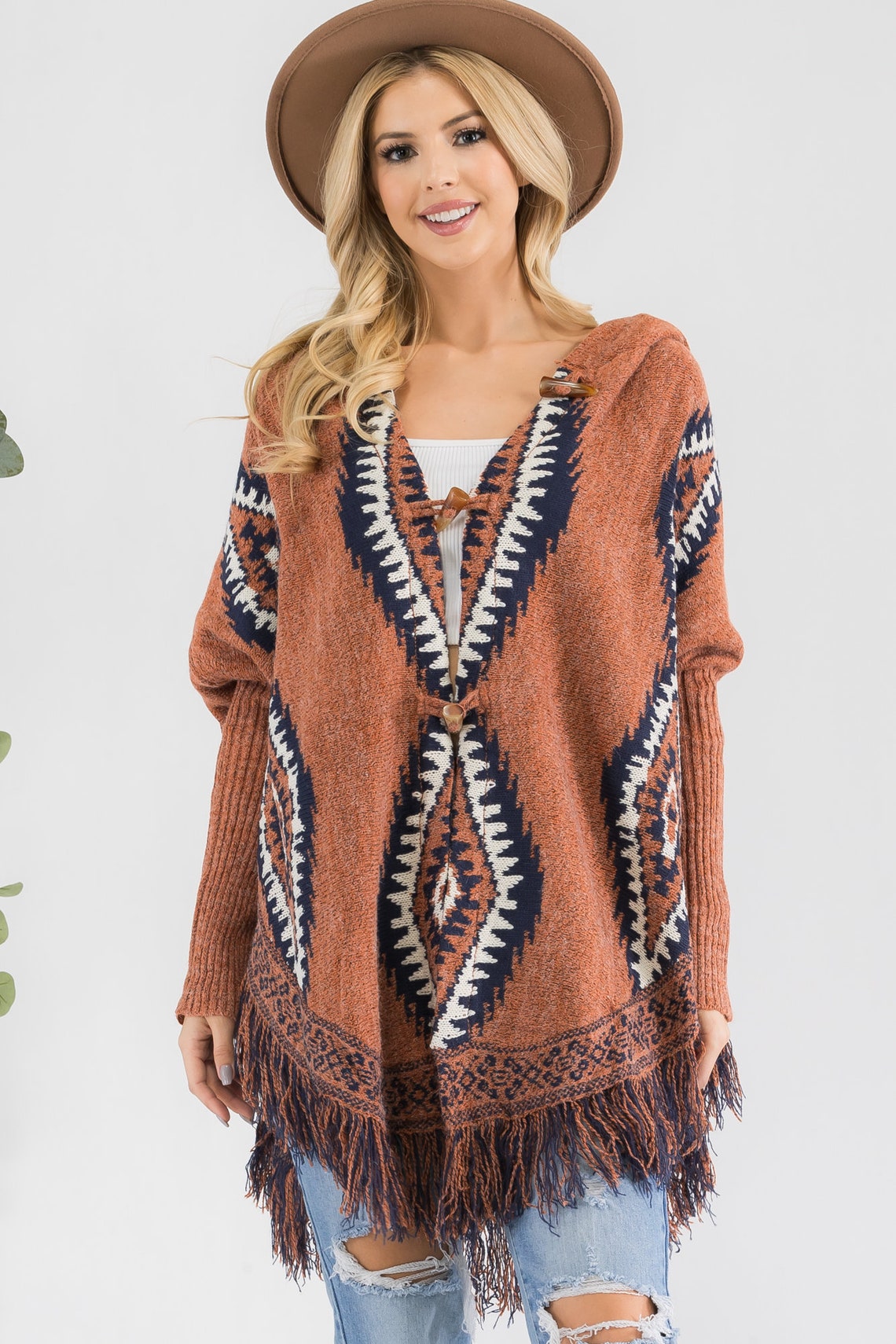 Aztec Pattern Hooded Sweater Fringe Hem Blanket Cardigan - Etsy