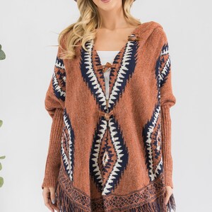 Aztec Pattern Hooded Sweater Fringe Hem Blanket Cardigan Western ...