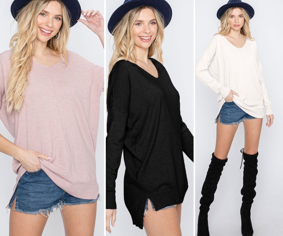 V-neck Tunic Sweater With A Front Seam Detail, Women Lightweight Tunic ...