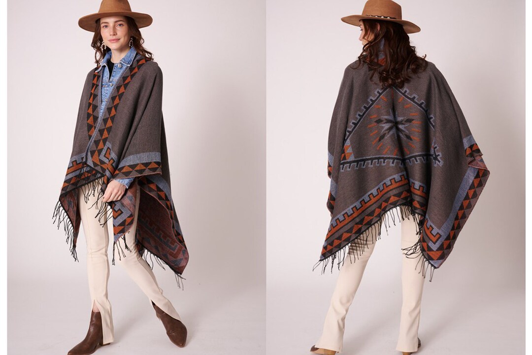 Fringed Aztec Pattern Poncho Vintage Western Inspired Wrap Shawl - Etsy
