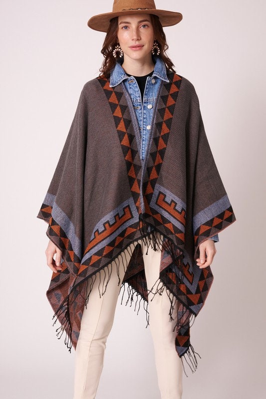 Fringed Aztec Pattern Poncho Vintage Western Inspired Wrap - Etsy
