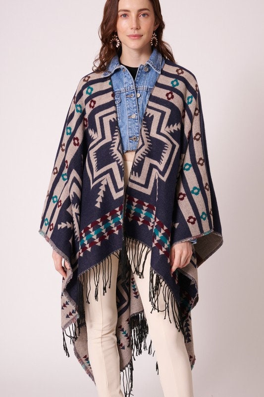 Fringed Aztec Pattern Poncho Vintage Western Inspired Wrap - Etsy