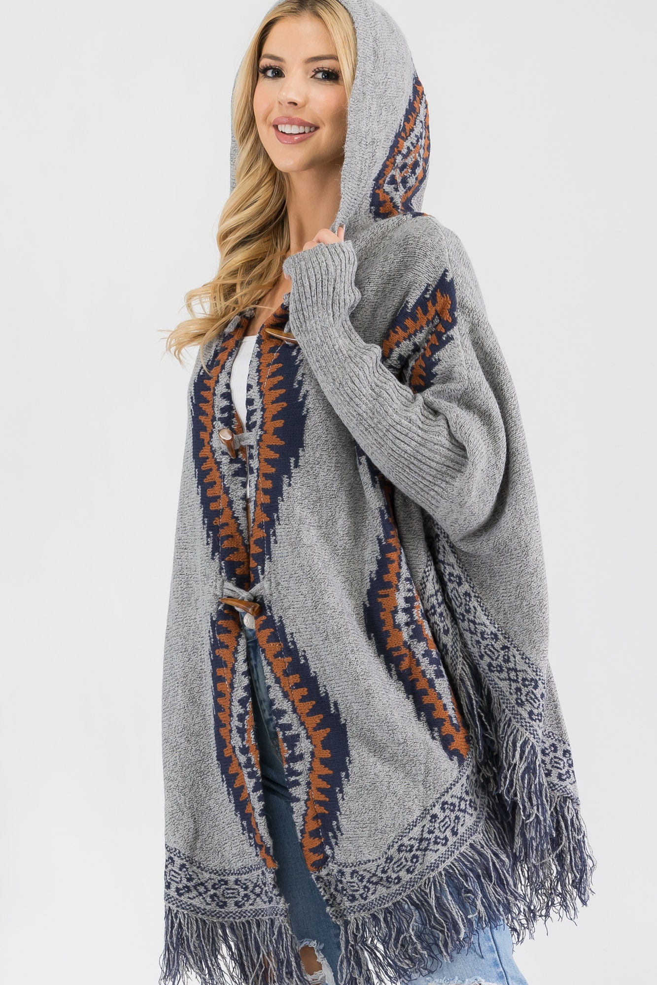 Aztec Pattern Hooded Sweater Fringe Hem Blanket Cardigan - Etsy