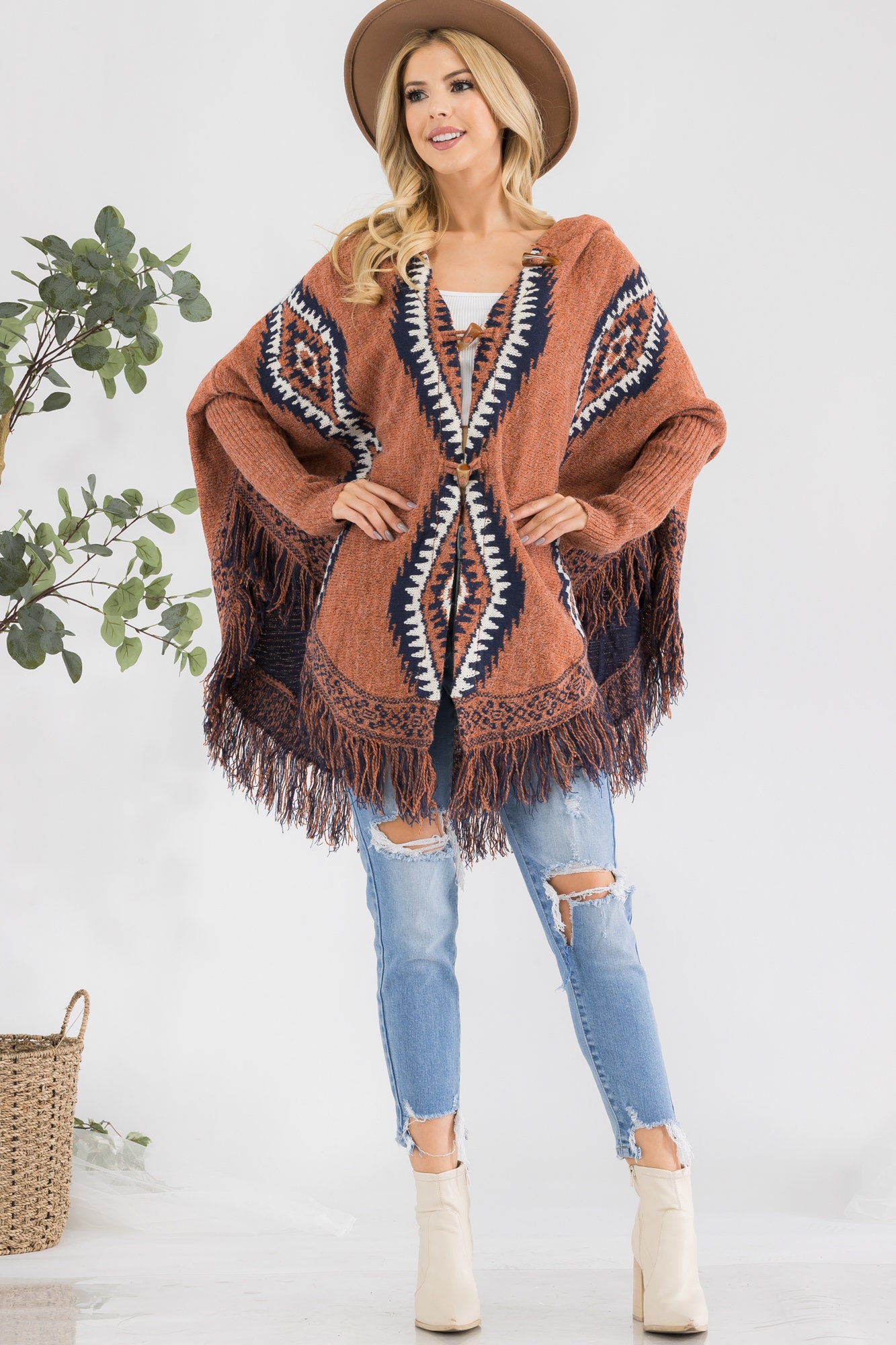 Aztec Pattern Hooded Sweater Fringe Hem Blanket Cardigan - Etsy