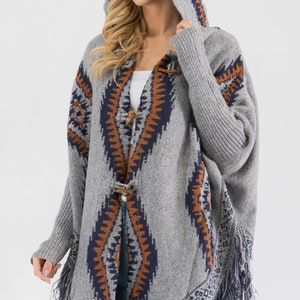 Aztec Pattern Hooded Sweater Fringe Hem Blanket Cardigan Western ...