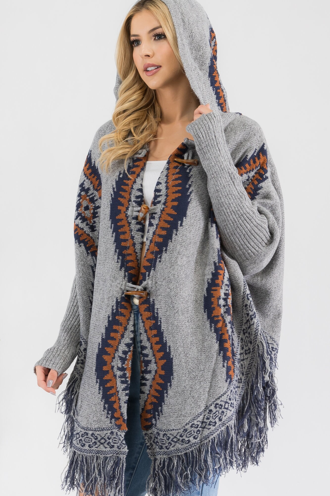 Aztec Pattern Hooded Sweater Fringe Hem Blanket Cardigan - Etsy