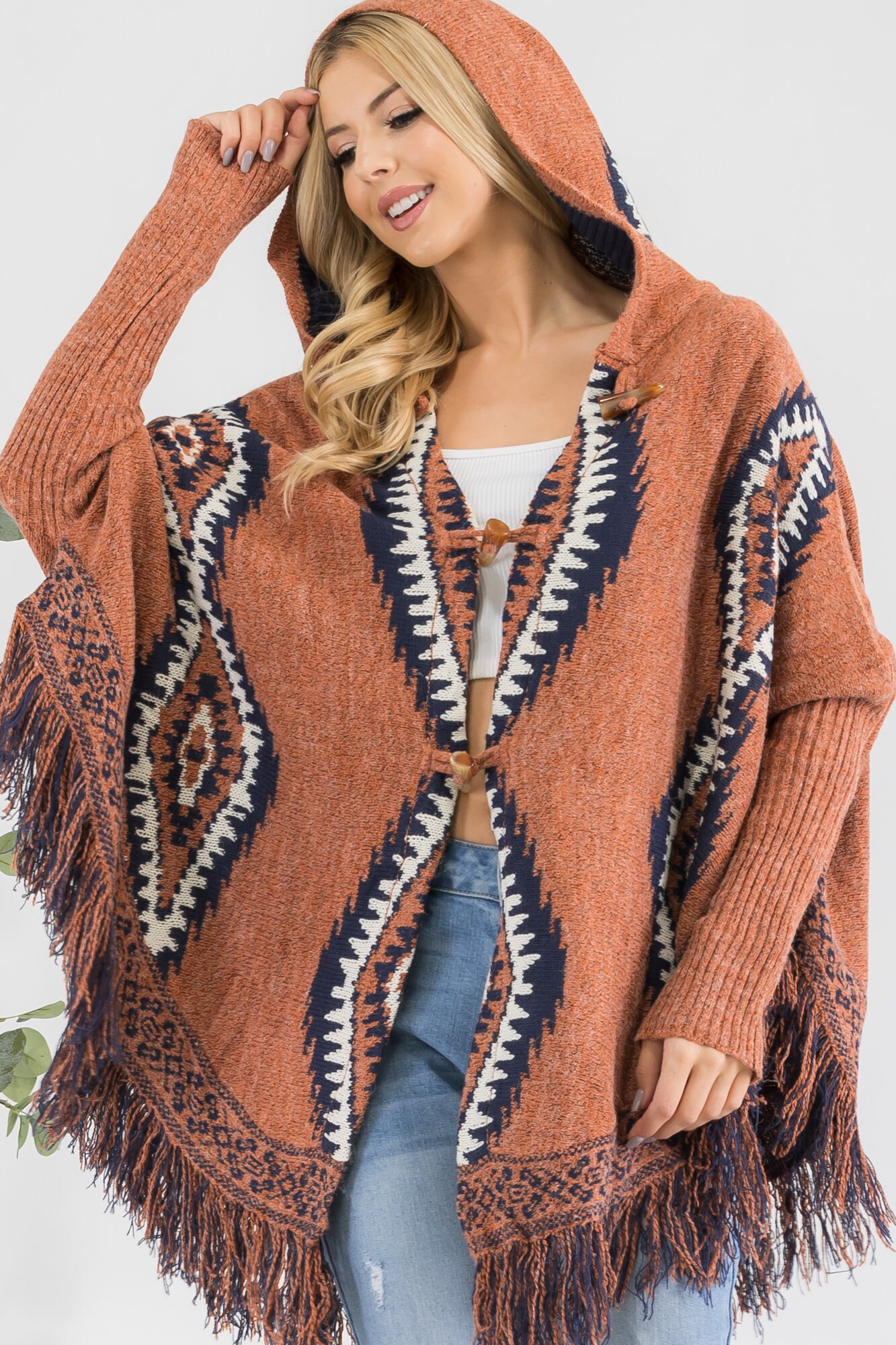 Aztec Pattern Hooded Sweater Fringe Hem Blanket Cardigan - Etsy