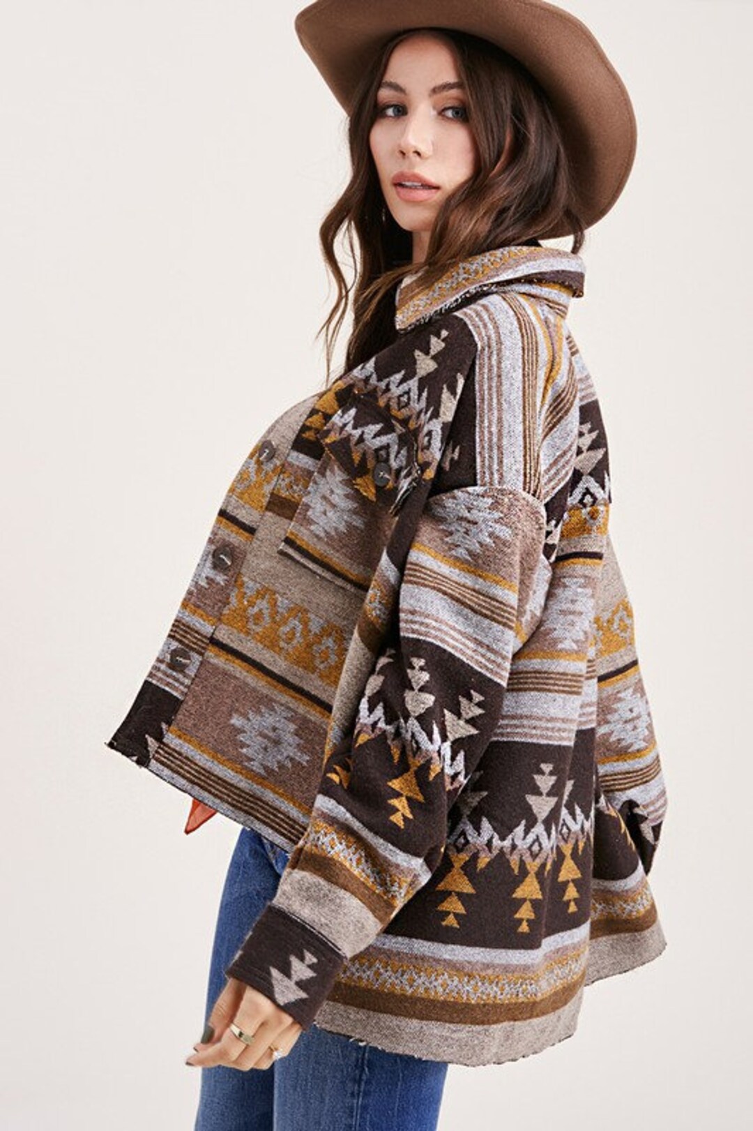 Womens Aztec Print Shacket Vintage Fringed Shirt Jacket Coat Boho Aztec ...