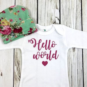 Hello World Baby Girl Gown and Floral Beanie Hat for Newborn - Etsy